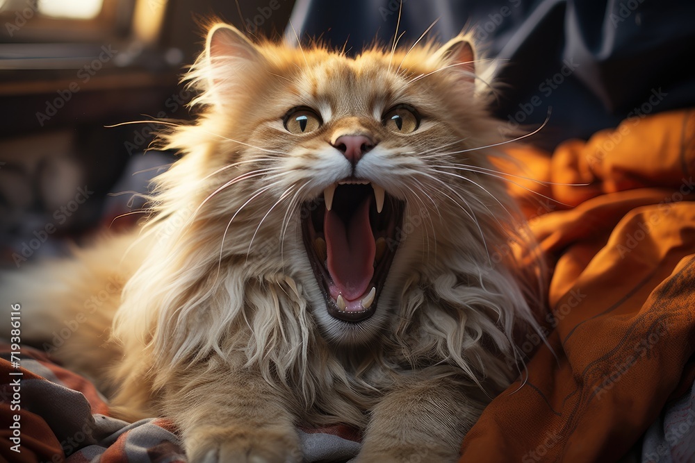 An indoor cat with its mouth open, revealing its sharp fangs as it lets ...