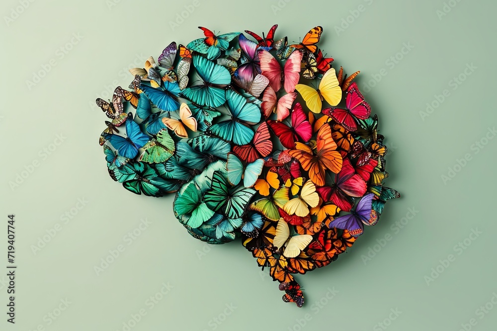 Human brain made of multi-colored butterflies on light green background ...