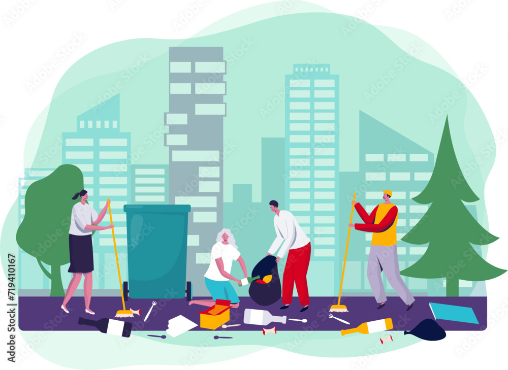 Volunteers cleaning park, picking up litter with cityscape behind ...