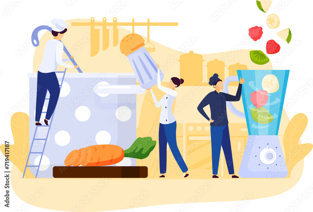 Animated chef pours water into a large transparent blender as a smiling ...