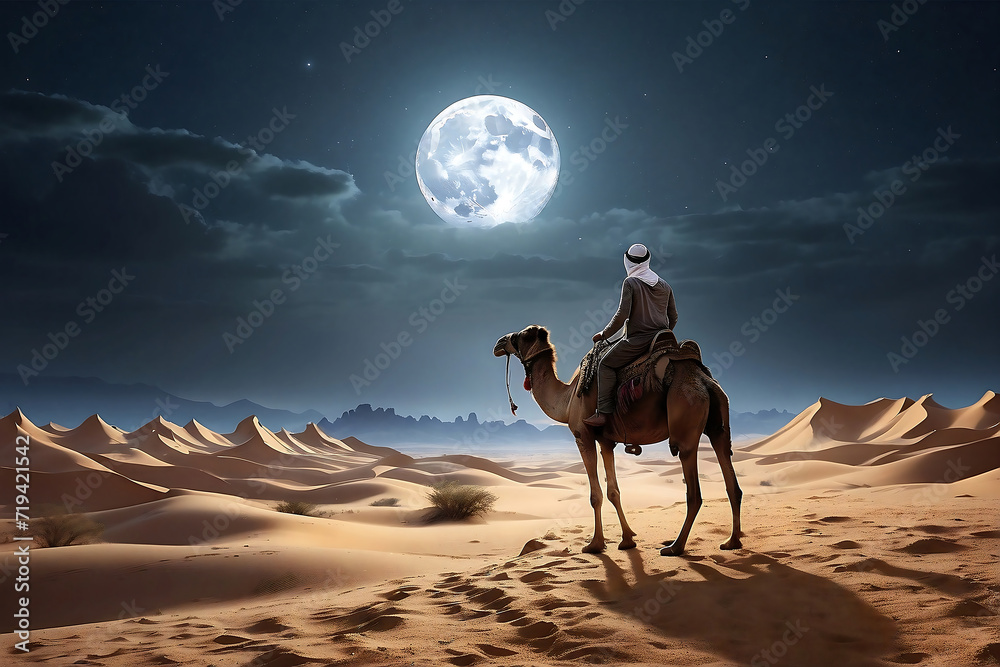 A surreal image showing a knight in armor riding a camel under an ...