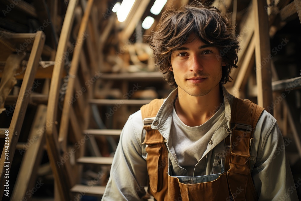 A rugged man in worn overalls stands proudly, his face full of ...