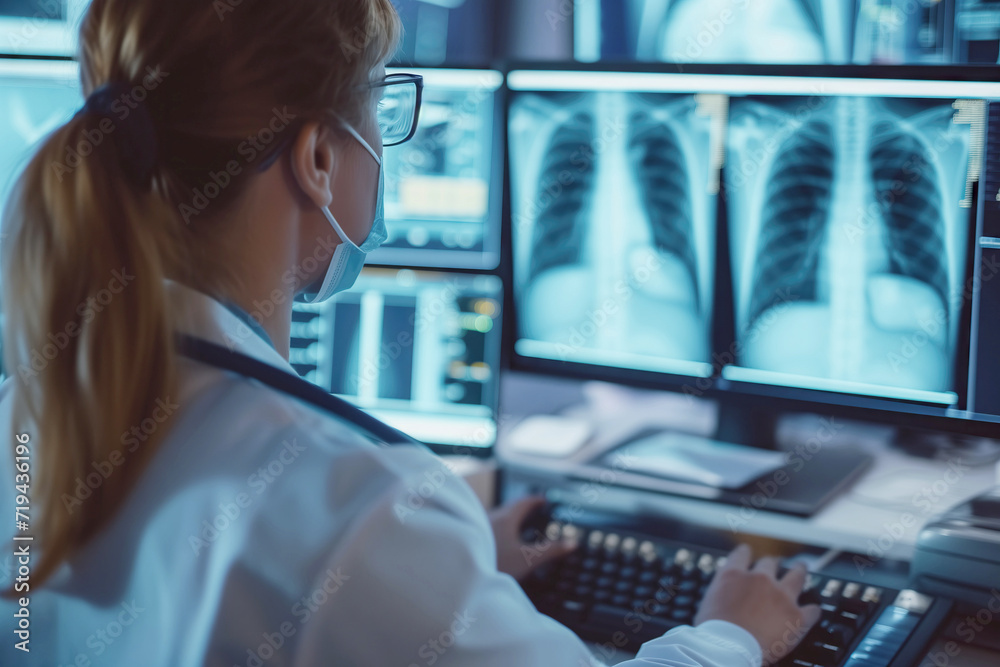 female Radiologist Analyzing Multiple Chest X-rays on Computer Screens ...