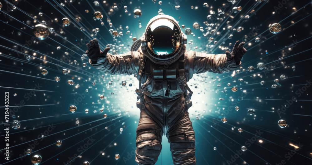 Astronaut in Space with Reflective Spheres Illuminated by Light Rays ...