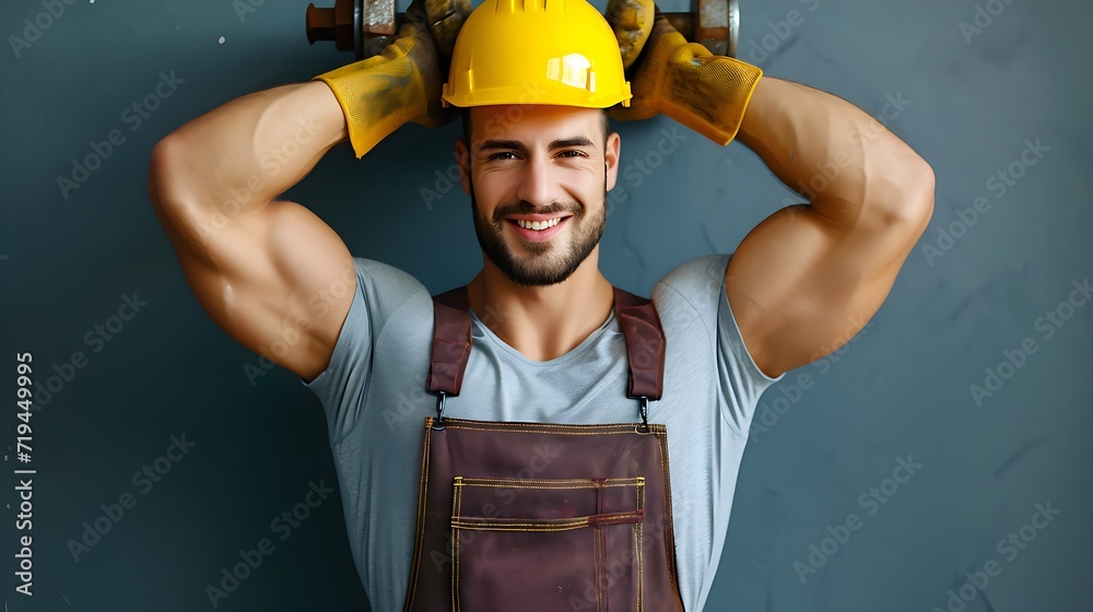 attractive construction worker with safety helmet and muscular arms ...