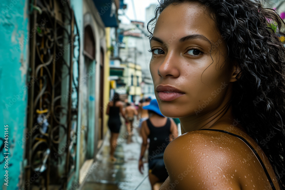 Rain-soaked allure in Rio de Janeiro: A young brazilian woman with wet ...