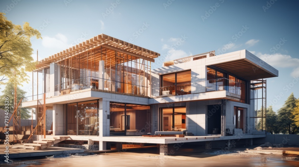 vision of architecture of a 3d model house project with blueprint Stock ...