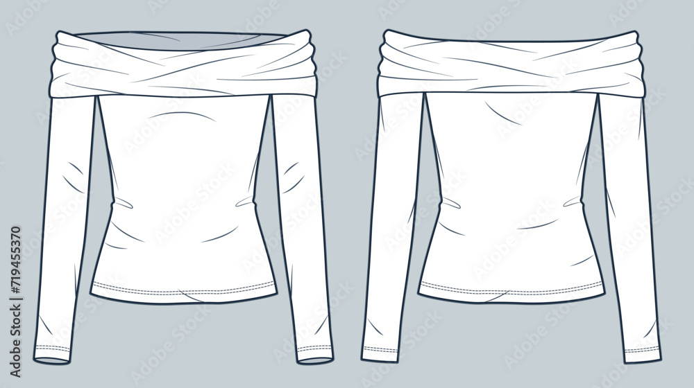 Off Shoulder Top technical fashion illustration. Long Sleeve Shirt ...