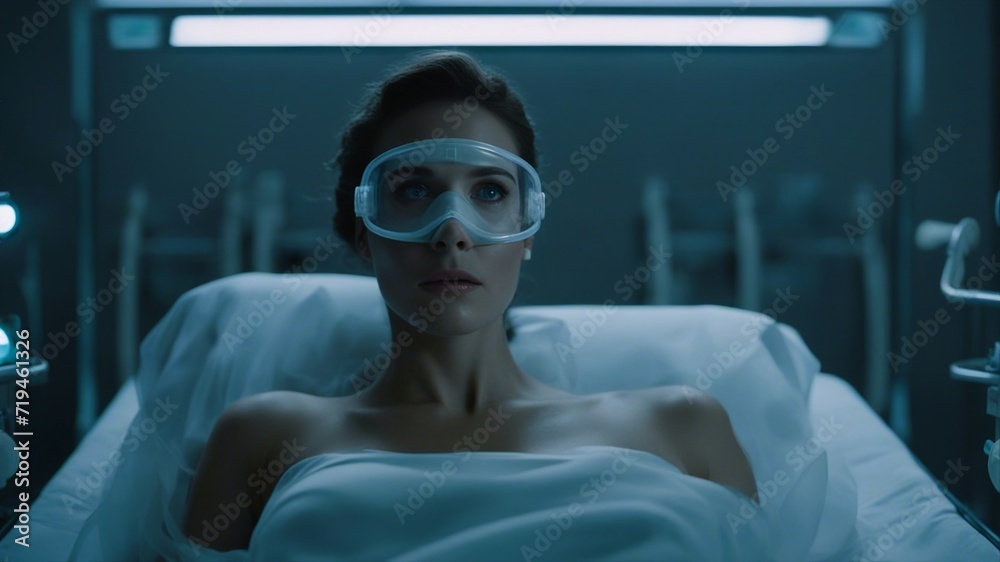 patient in operating room A sad woman wearing a mask and a white gown ...