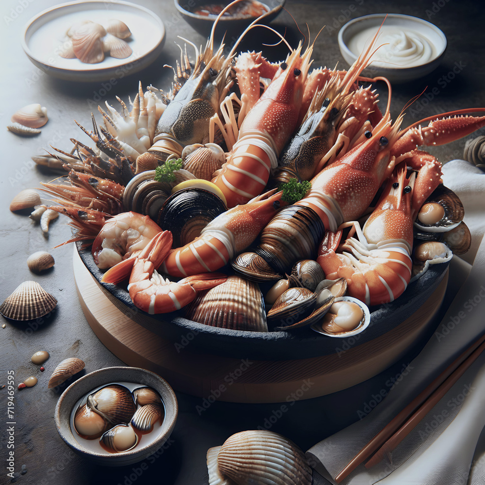 Delicious seafood cinematic, food illustration, bouquet of seafood ...