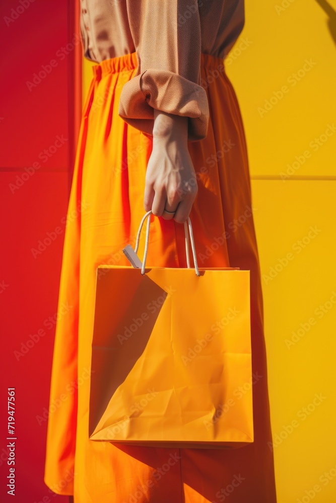 A woman holding a yellow shopping bag stands in front of a vibrant red ...