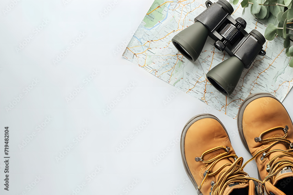 Hiking Preparation Flat Lay, Trail Map with Binoculars and Boots, Outdoor Adventure Planning ...