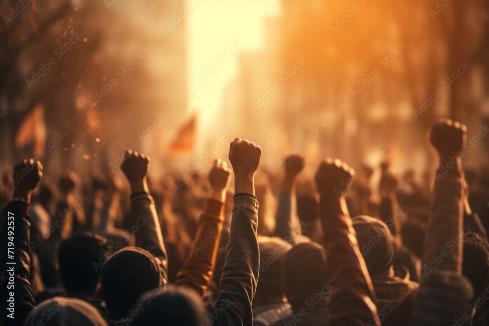 Crowd of protesters people. Silhouettes of people with banners and ...