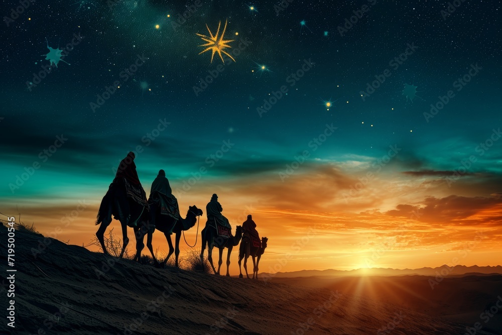 Three Wise Men Journeying On Camel To Witness The Birth Of Jesus Stock ...