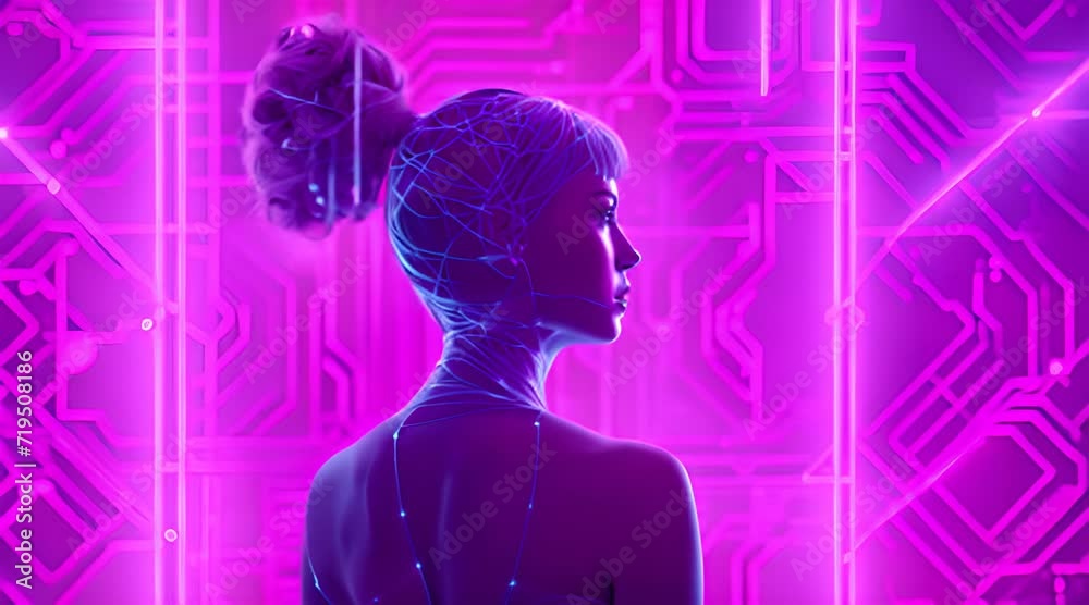 Female depicted with a mind map overlay on her head against a pink ...
