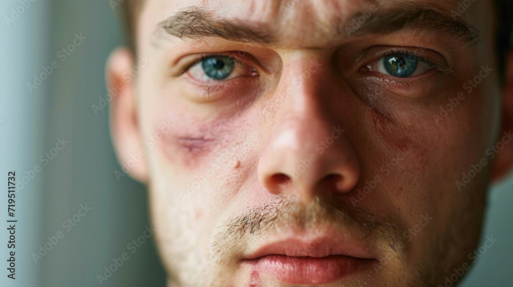 Close-up view of man with bruised face. This image can be used to ...