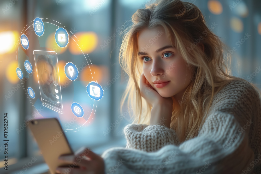Beautiful female influencer, Digital marketing technology concept ...