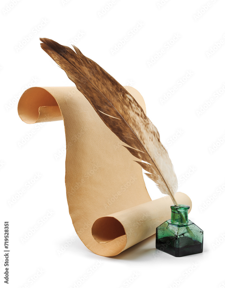 Ancient paper scroll with feather and ink bottle isolated on a white ...