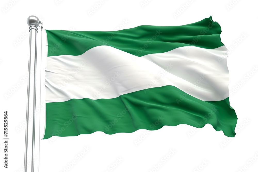 Vibrant green and white flag waving proudly on a pole against a clear ...