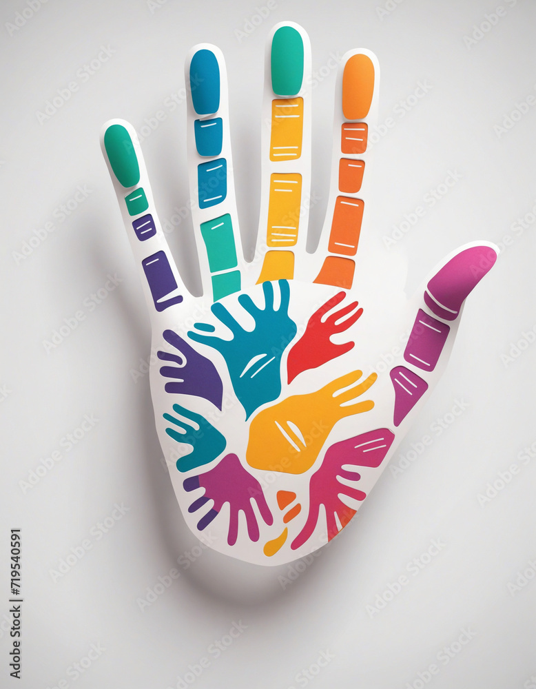 Vibrant paper cutout hand print artwork in realistic 3D style ...