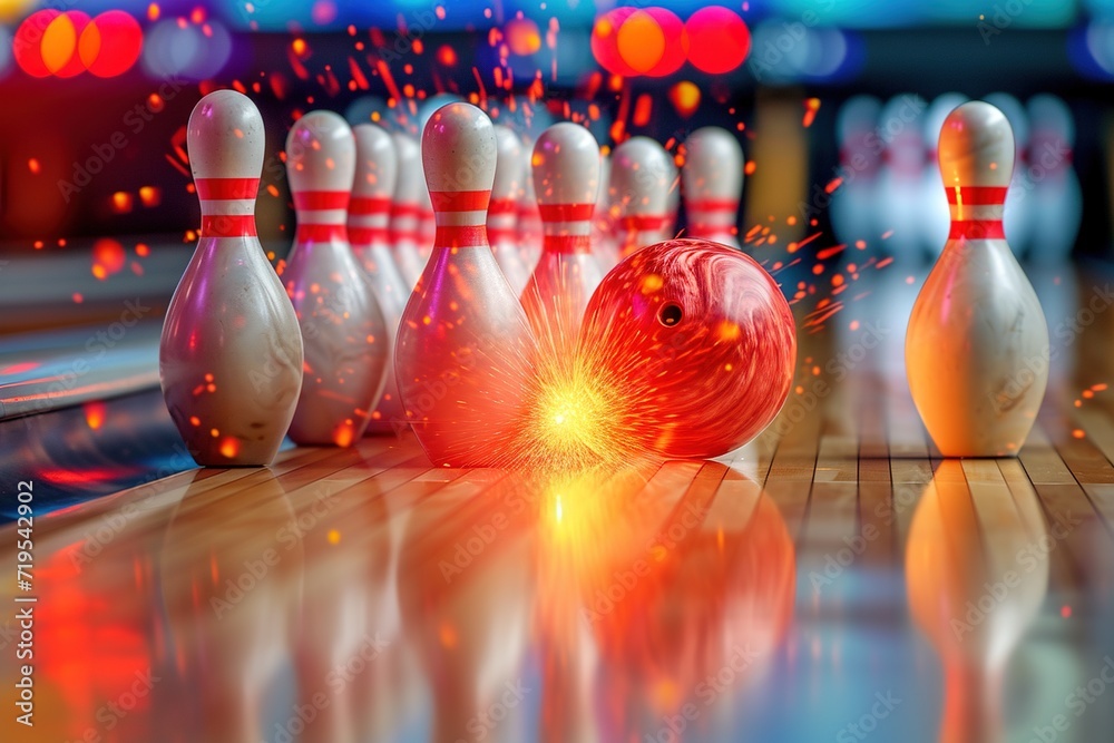 Bowling Ball crashing into the pins on bowling alley line. Stock Photo ...