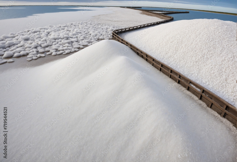 Salt production from seawater. Heap of pure salt. Essential ingredient ...
