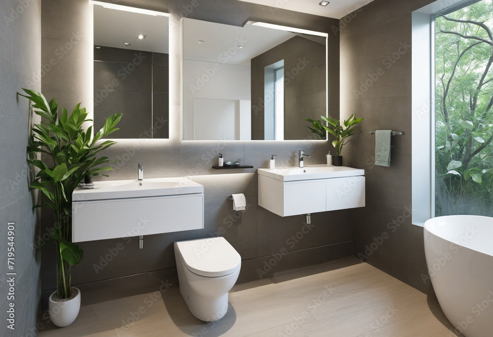 Eco-friendly modern restroom with lush greenery. Clean and green ...