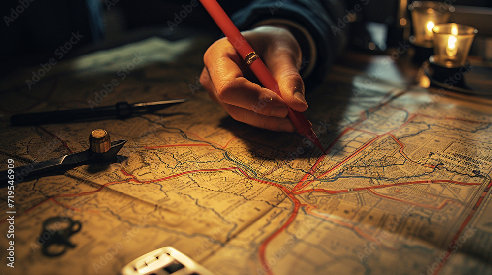 A detective poring over a vintage map of the city, tracing the path of ...
