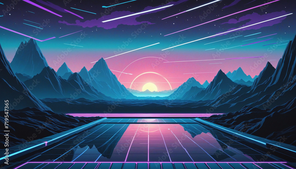 Retro background futuristic landscape 1980s style. Digital retro cyber ...