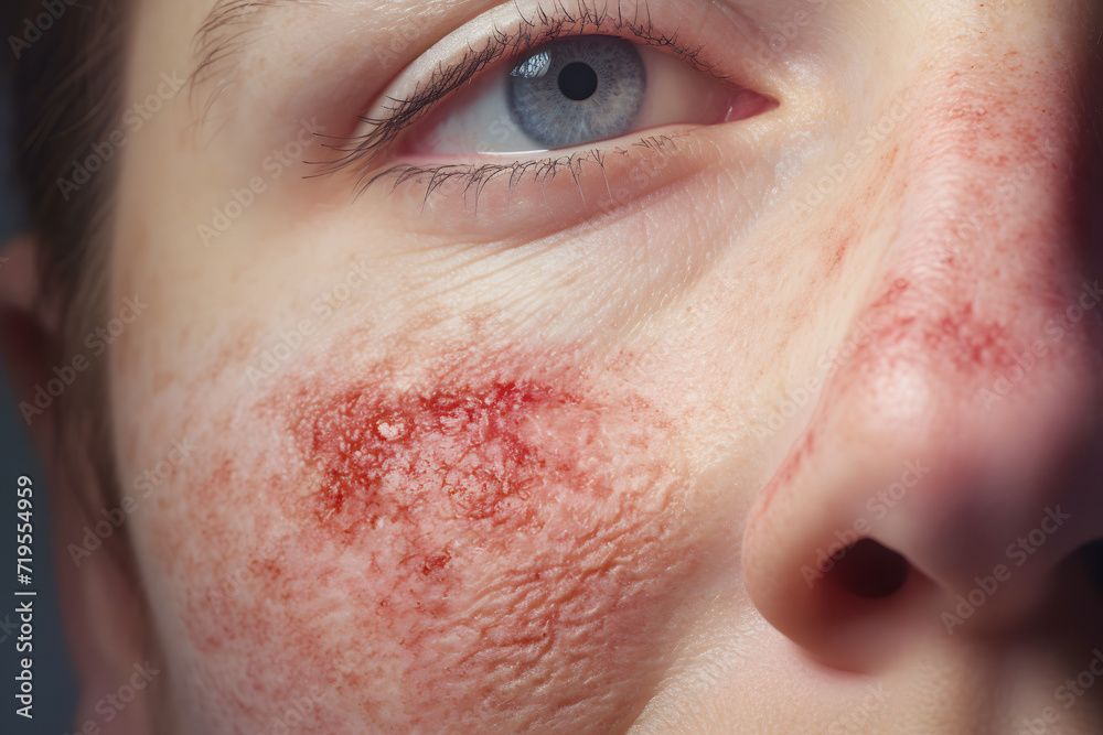 Woman with red and reddish facial rash with skin damage caused by ...