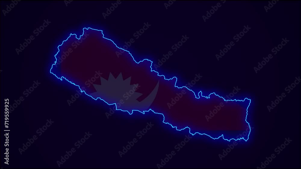 Nepal Map Outline Country Border on dark blue. Neon Lights colorful ...