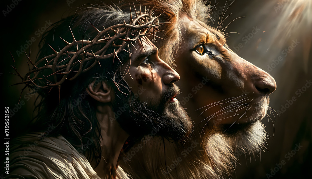 Jesus stands on the left side with a crown of thorns on his head and ...