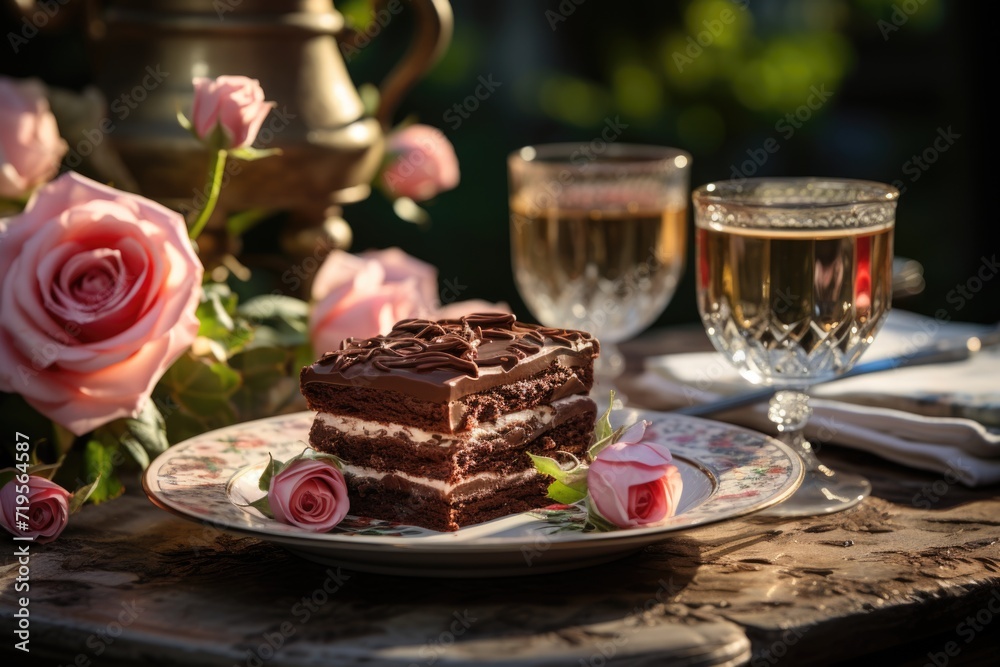 Triple chocolate cake with ganache, in a sophisticated afternoon tea in ...