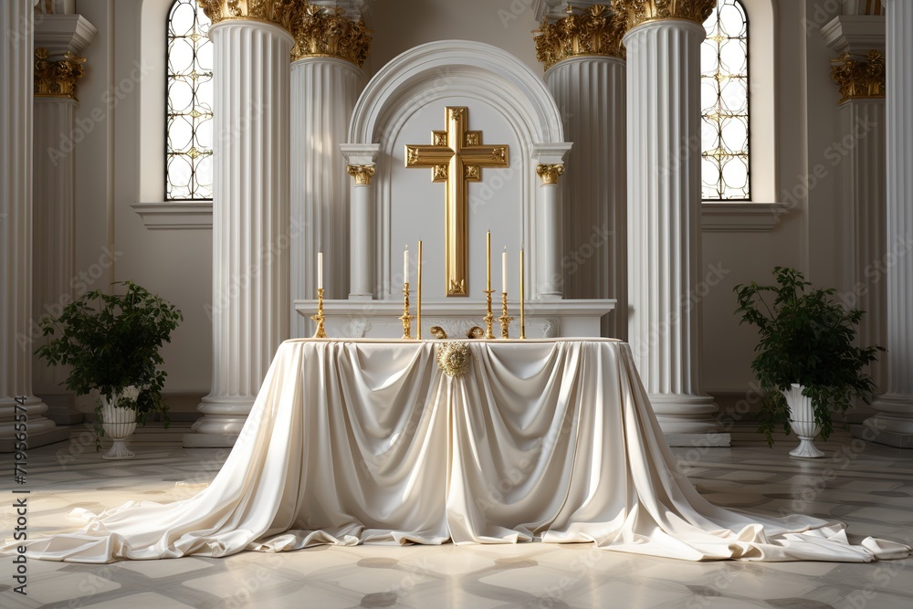 isolated in white background, center aligned Altar cloths drape the ...