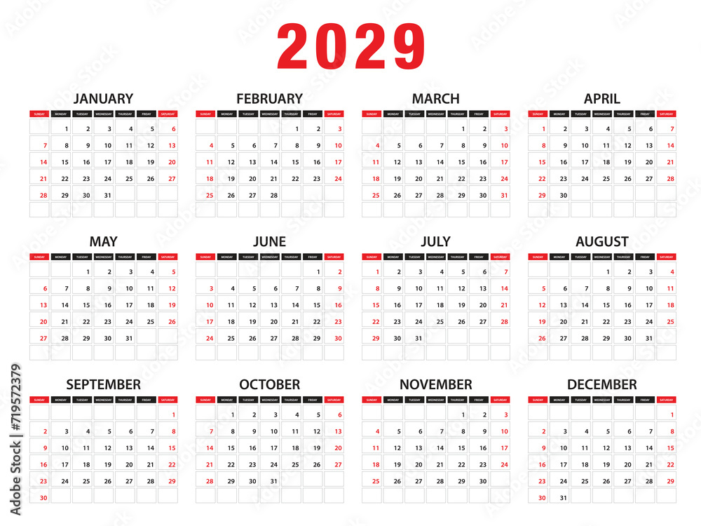 Vetor de 2029 Calendar year vector illustration. week starts on Sunday ...