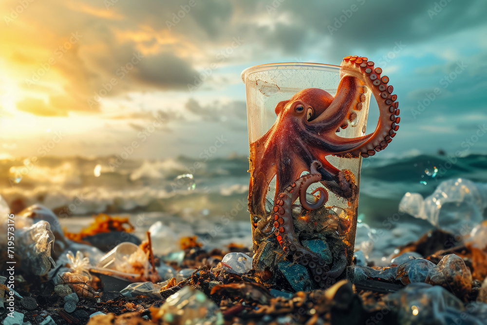 Octopus adopting a plastic beer glass instead of a house, litter on the ...
