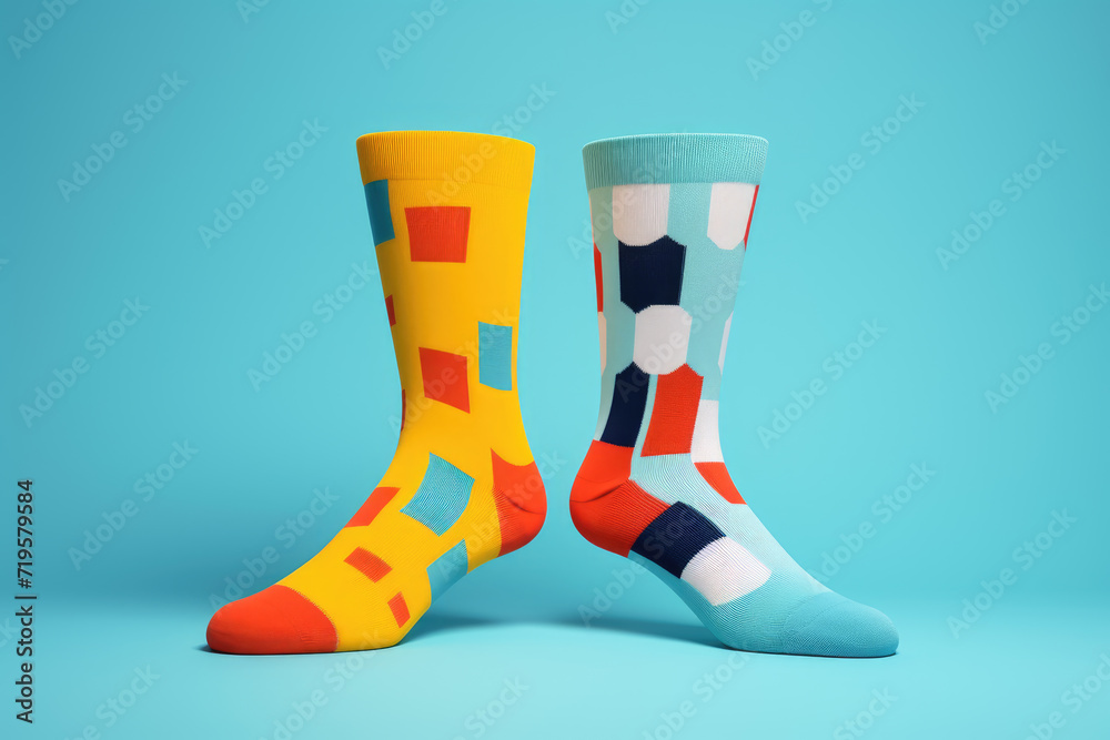 Two different mismatched socks on light blue geometric shape background ...