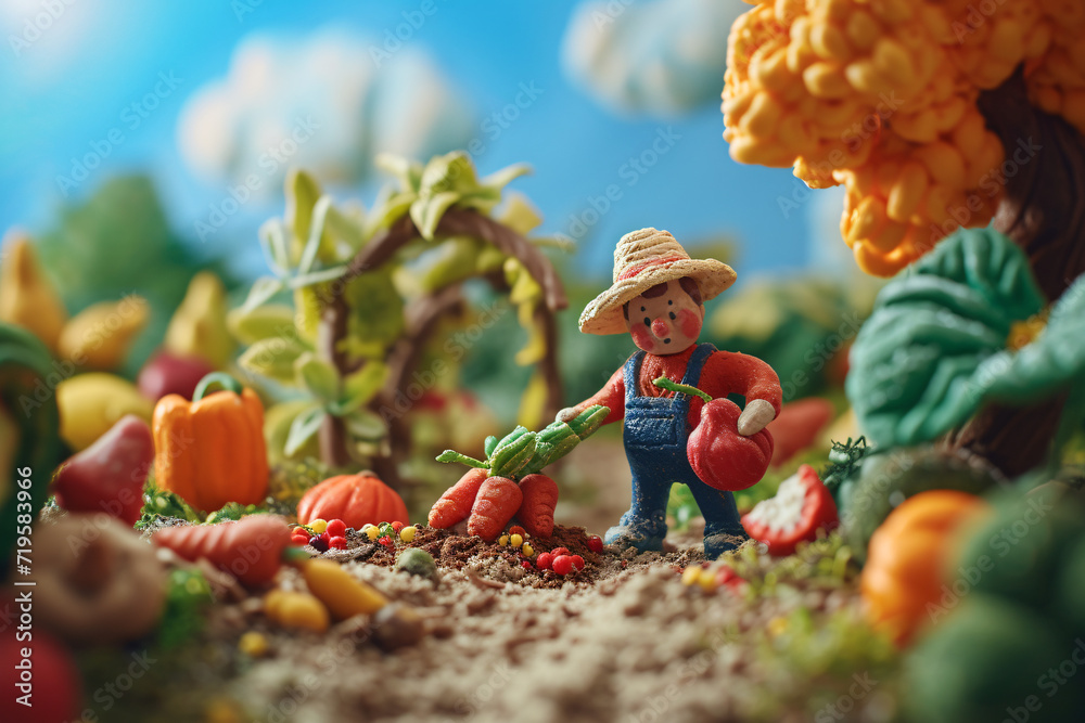 Miniature figure of a farmer harvesting vegetables in a model garden ...