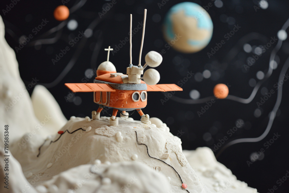 Lunar lander on a moonscape with a painted solar system backdrop ...