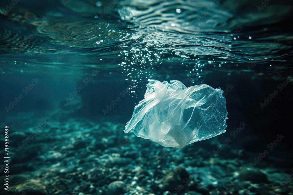 An underwater plastic bag floating in the ocean, pollution, single use ...