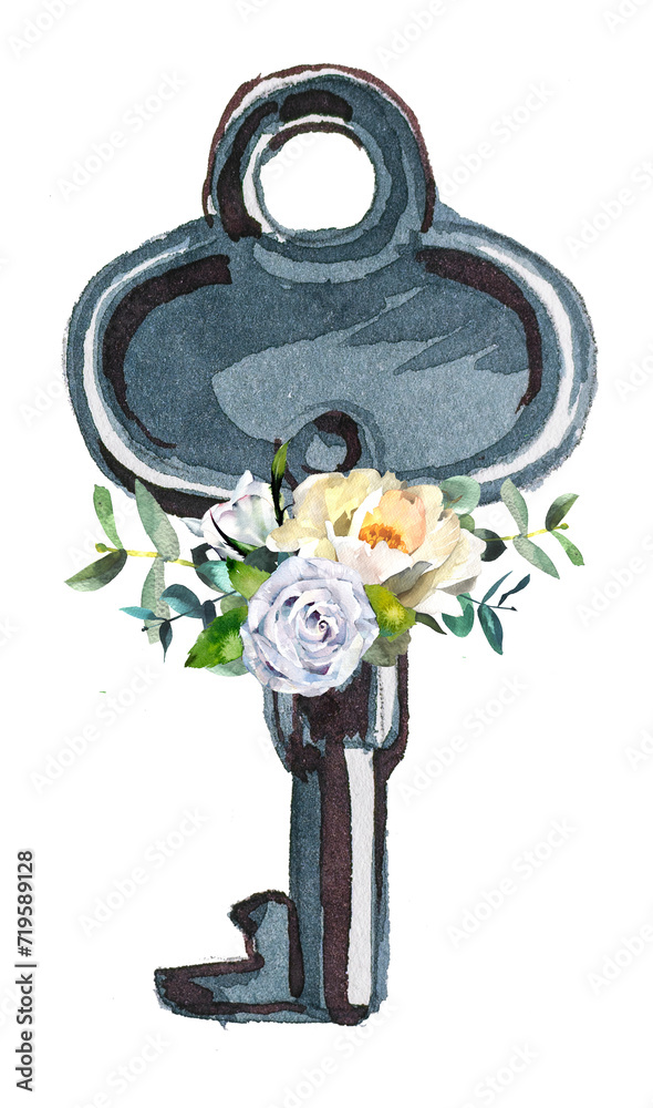 Beautiful watercolor vintage key illustration isolated on a white ...
