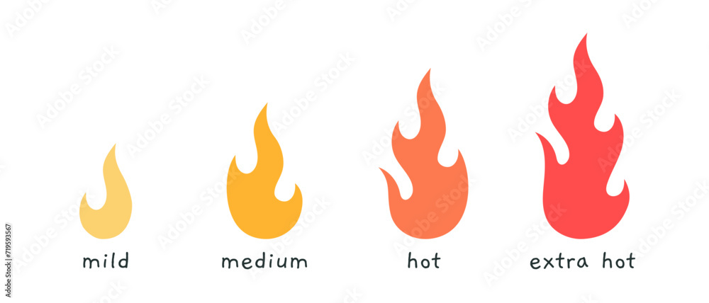Hot level icons with fire flames, mild, medium and extra hot, cartoon ...