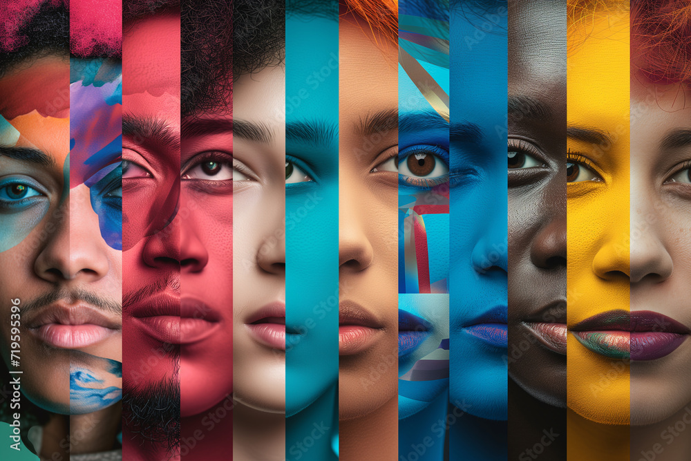 Rainbow collage of multiracial smiling young piple over colorful ...
