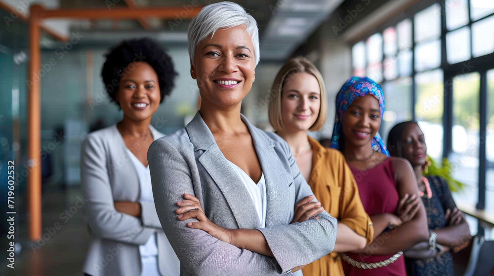 Group of diverse professional women confidently standing in a line ...