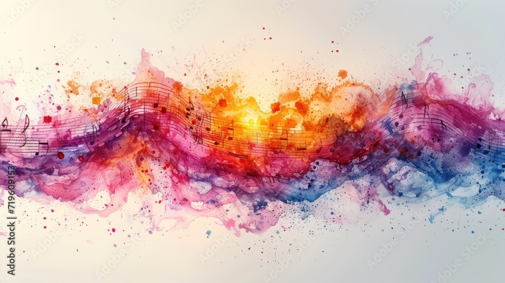 a painting of music notes on a white background with a splash of paint ...