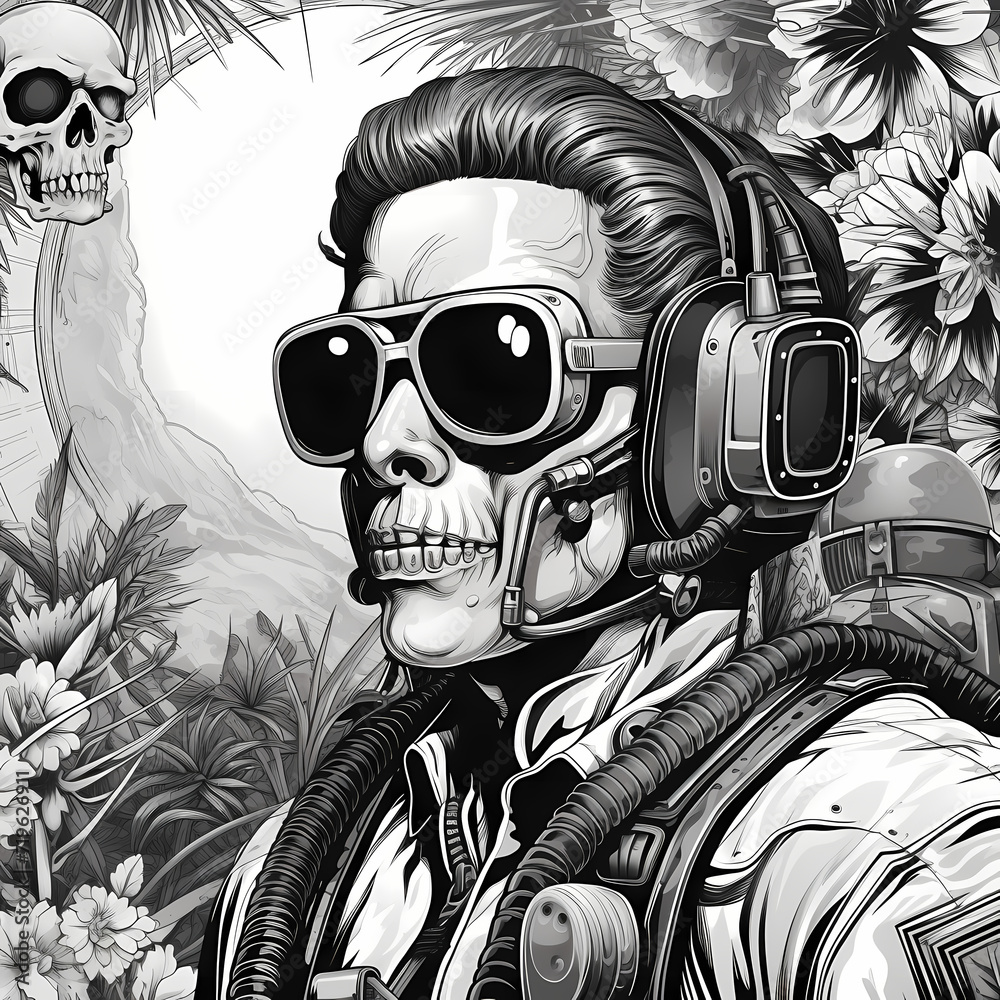 Pilot Man skull with beard and mustache, tribal tattoo. Hand drawn ...