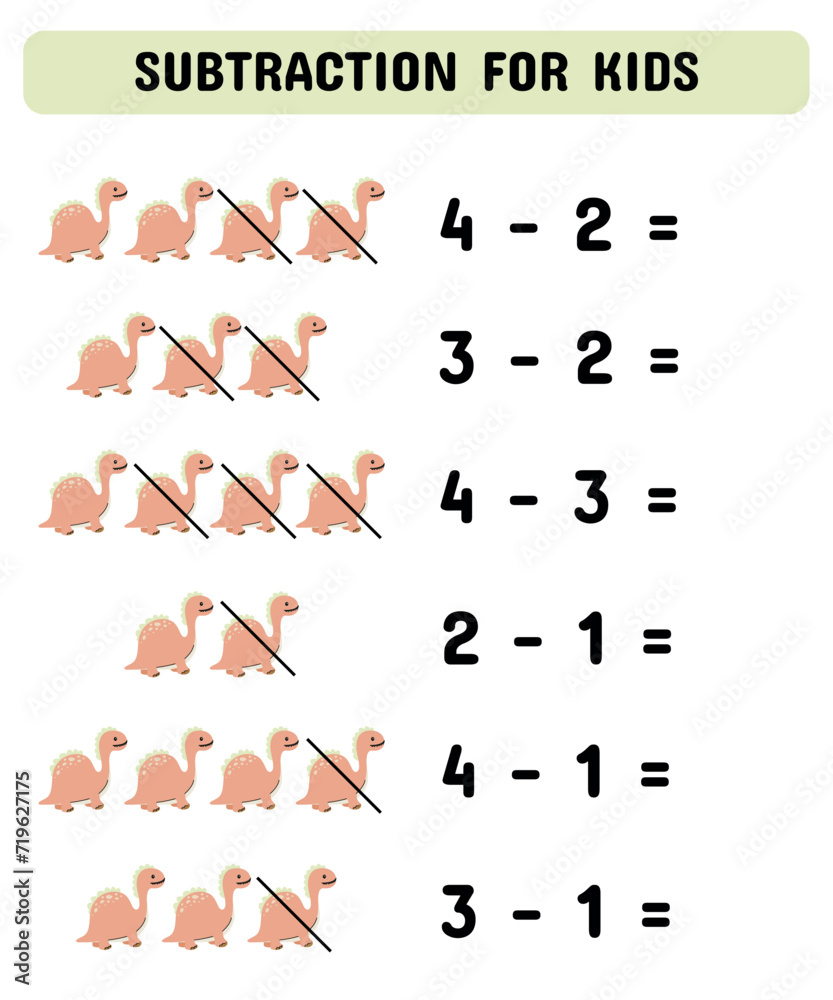 Subtraction game with dinosaurs. Counting math game for preschool ...