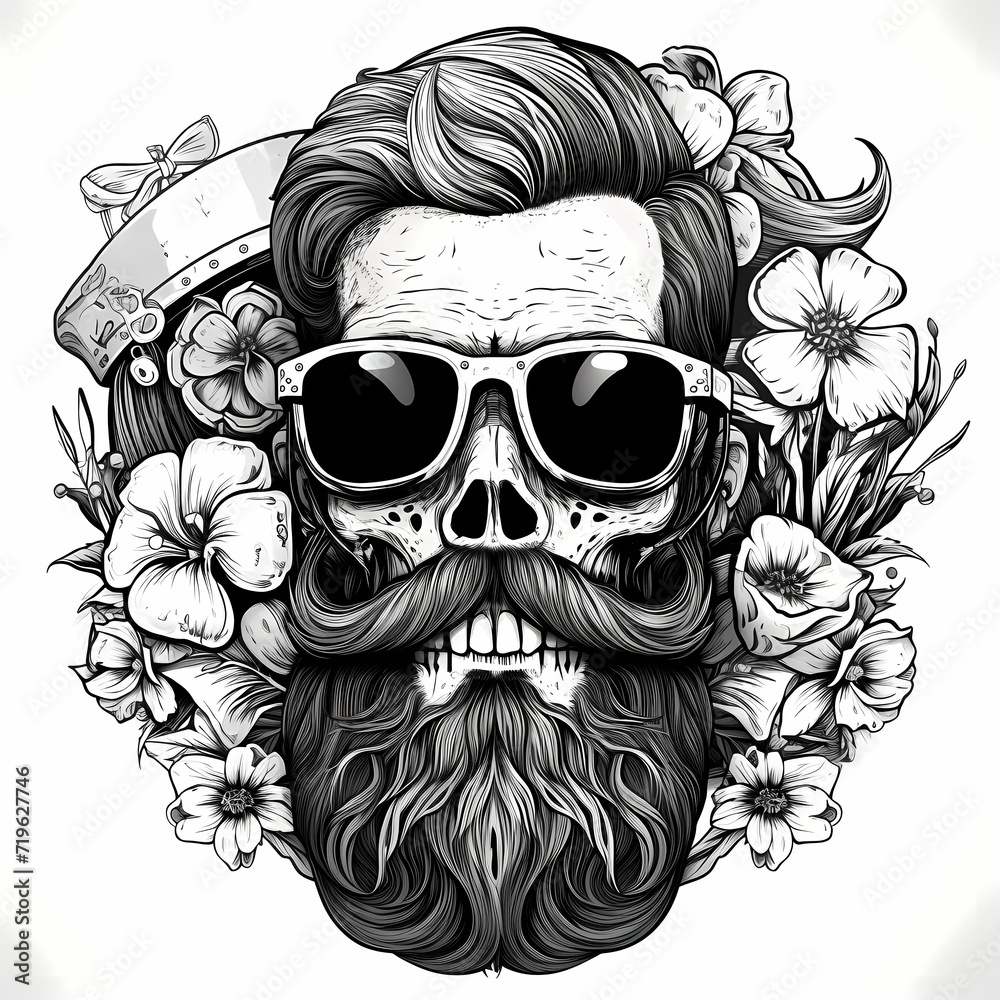 Rocker Man skull with beard and mustache, tribal tattoo. Hand drawn ...