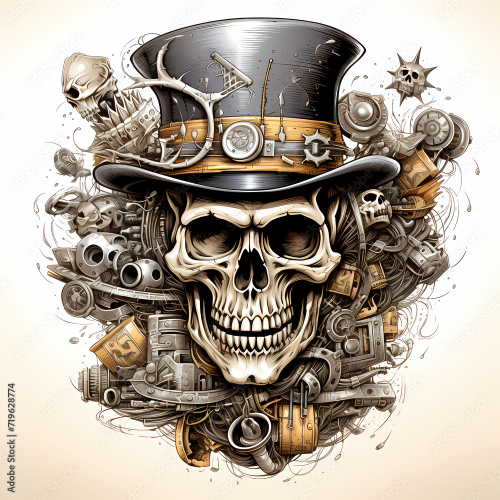 Man in steampunk costume hand draw vintage engraving style black and ...