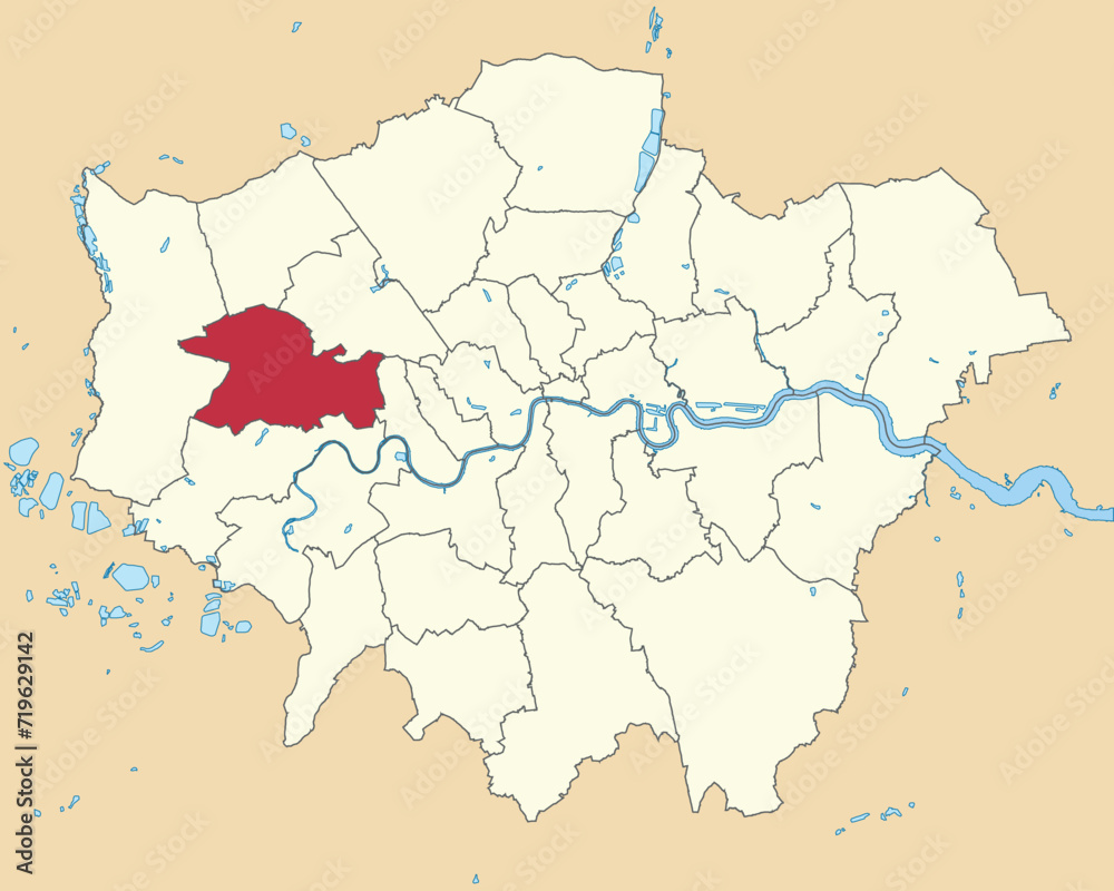 Red flat blank highlighted location map of the BOROUGH OF EALING inside ...